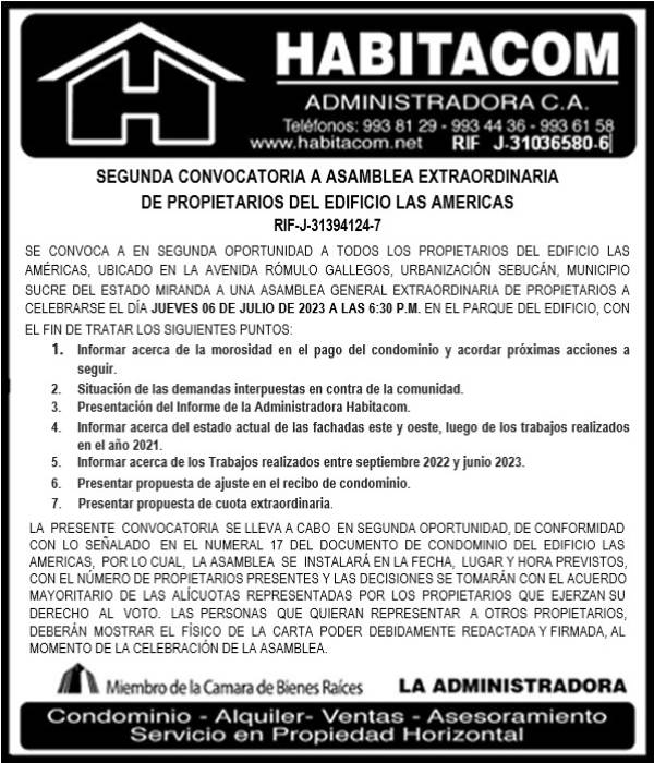 CONVOCATORIA EDIFICIO LAS AMÉRICAS